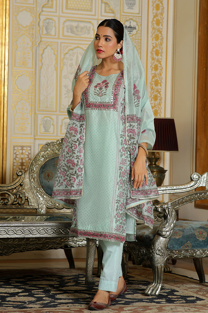 Women Teal Chanderi Block printed Embroidered kurta set with solid pan ...