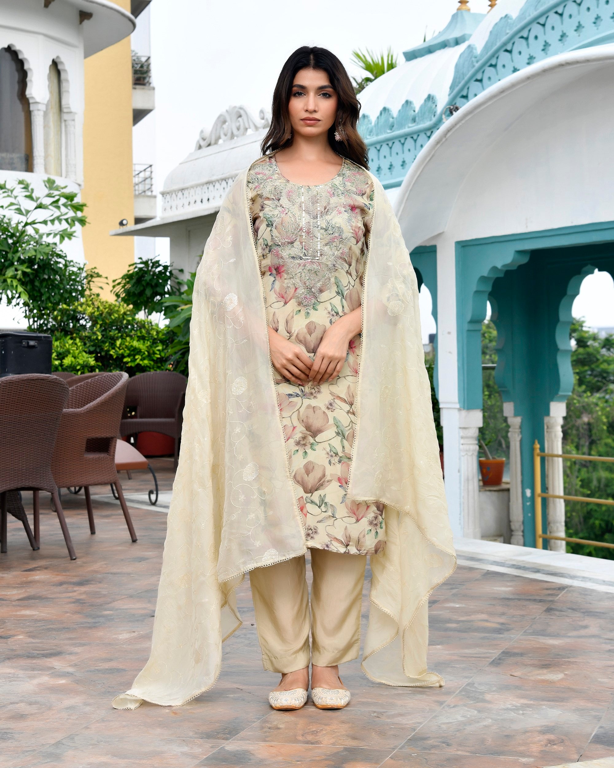Women Tissue Embroidered Suit Set with Solid Pant and Embroidered Dupa ...